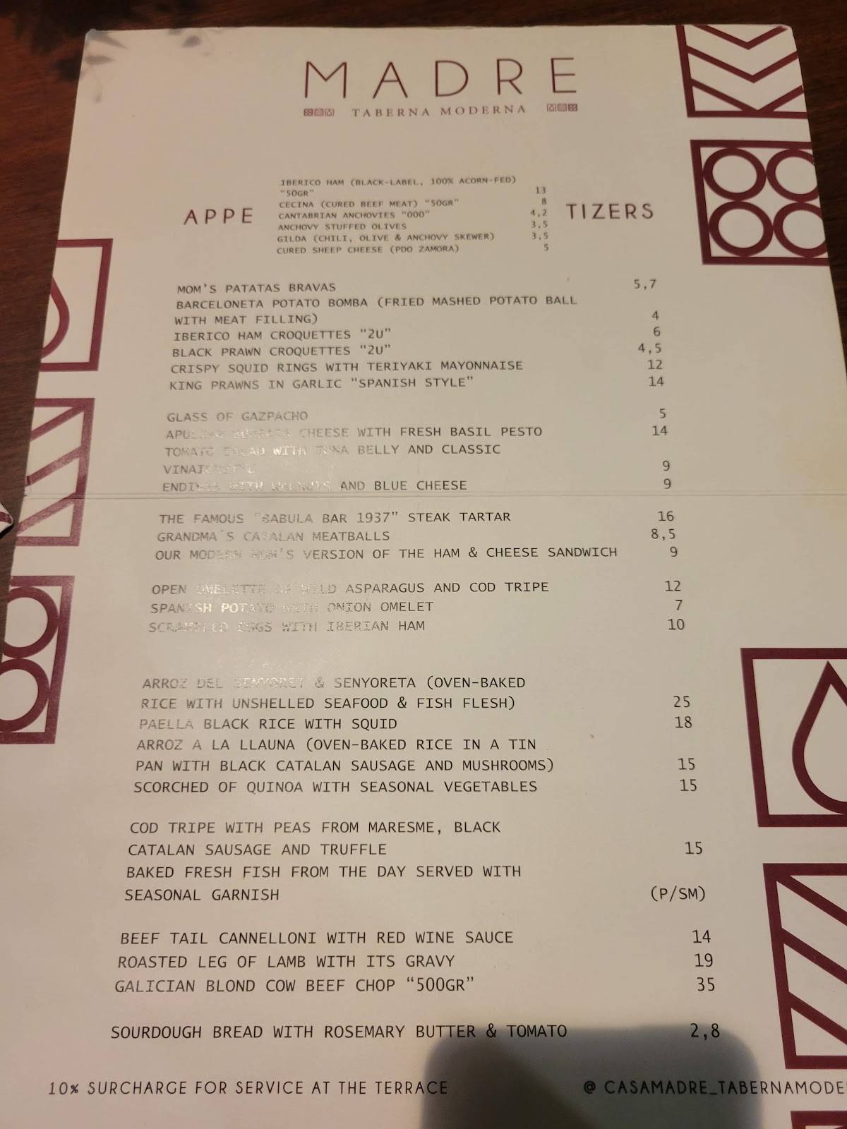 Menu at Madre Taberna Moderna - Restaurante Sagrada Familia, Barcelona