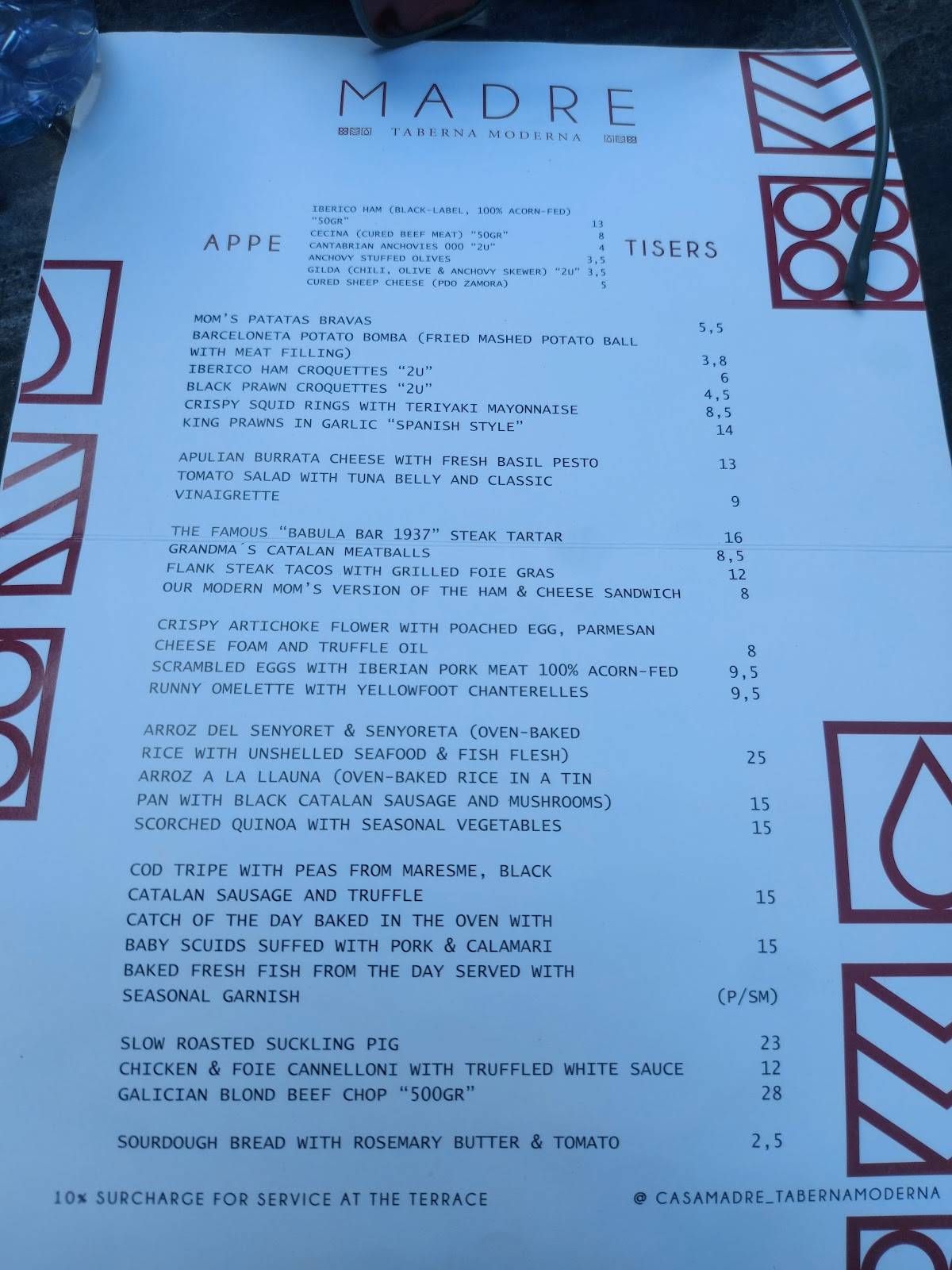 Menu at Madre Taberna Moderna - Restaurante Sagrada Familia, Barcelona