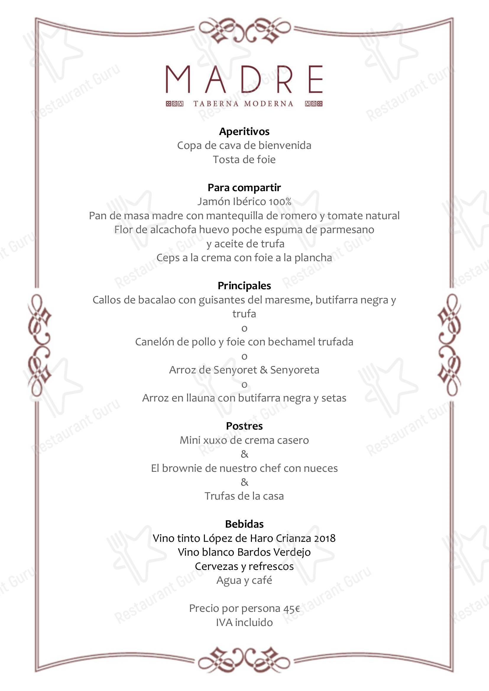 Menu at Madre Taberna Moderna - Restaurante Sagrada Familia, Barcelona