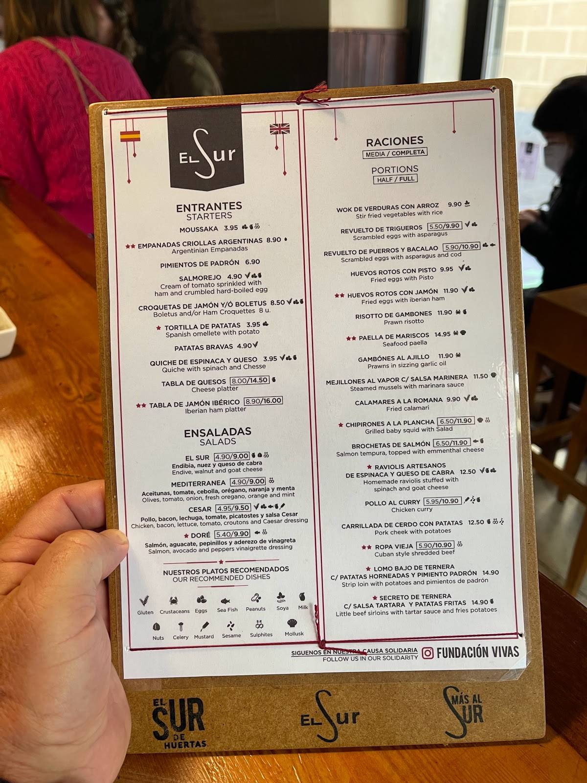 Menu at Taberna El Sur pub & bar, Madrid