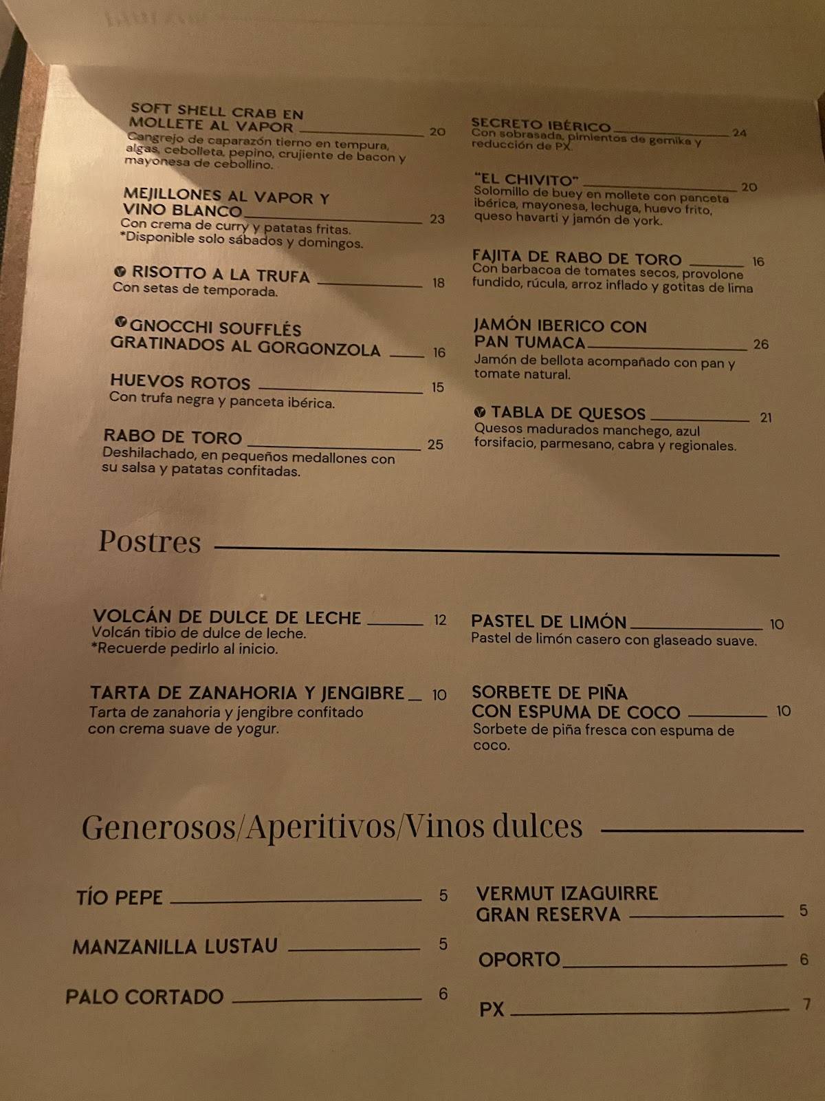 Carta del restaurante Juana La Loca, Madrid, C. del Recoletos