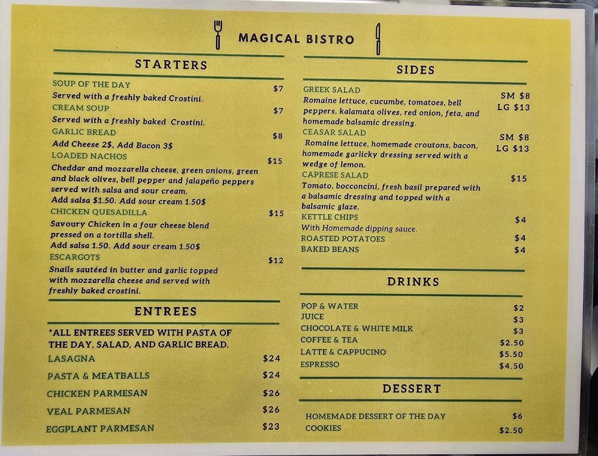 Menu at Magical Bistro restaurant, Sudbury