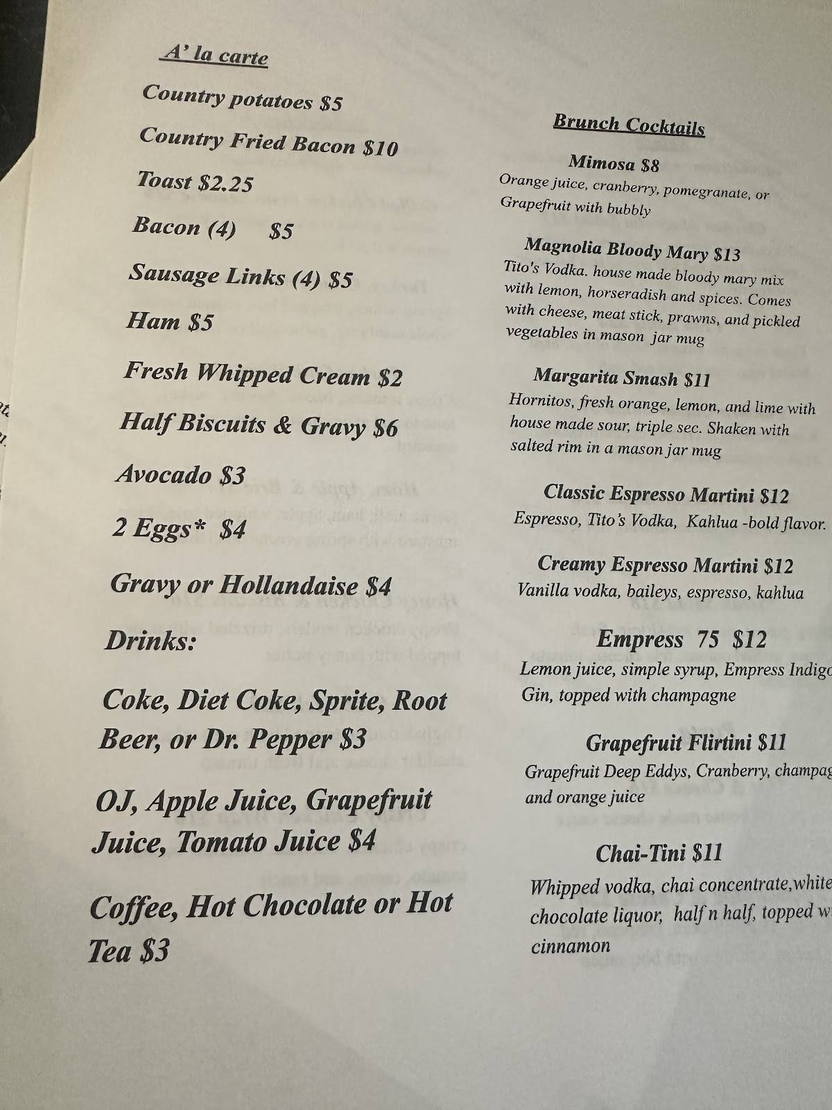 Menu at Magnolia restaurant, Sedro-Woolley