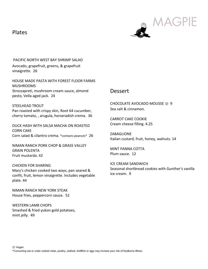 Menu at Magpie Café pub & bar, Sacramento, 16th St