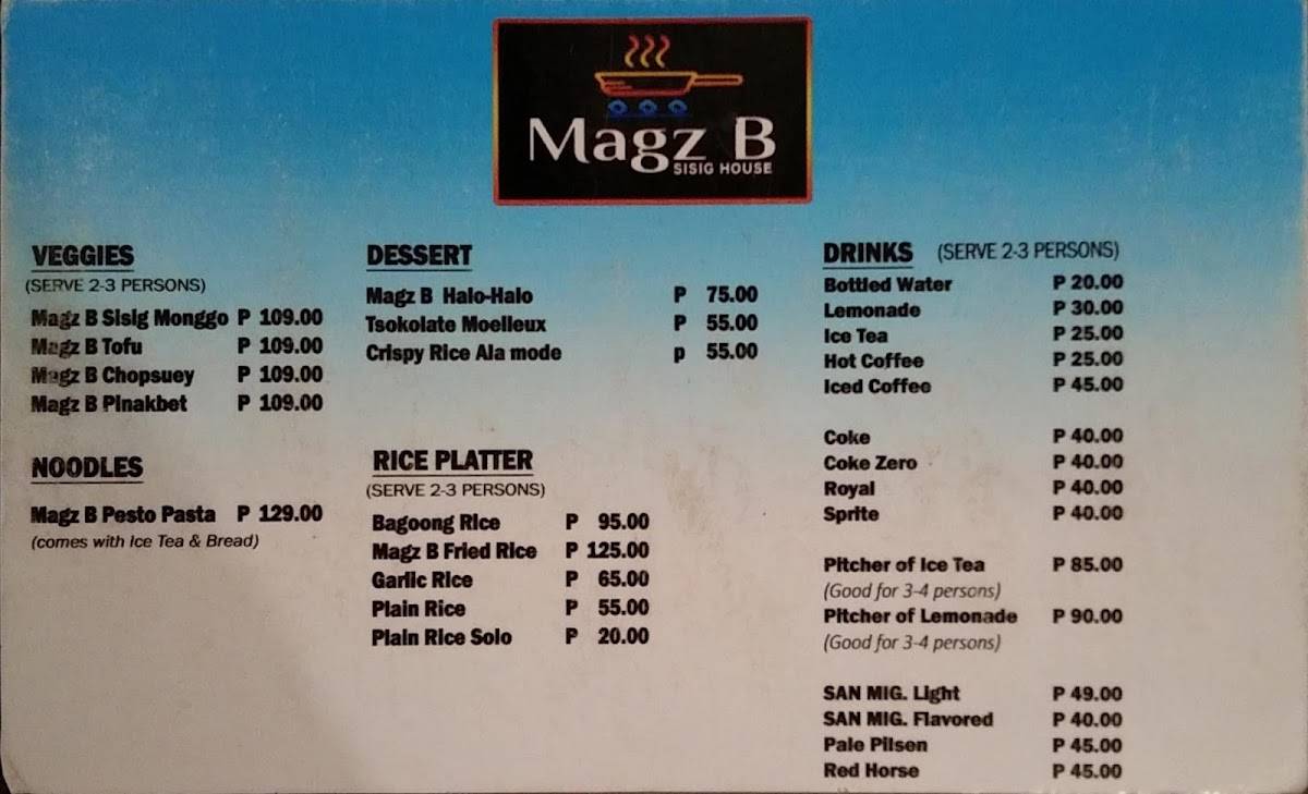 Menu at Magz B Sisig House restaurant, Bacolod