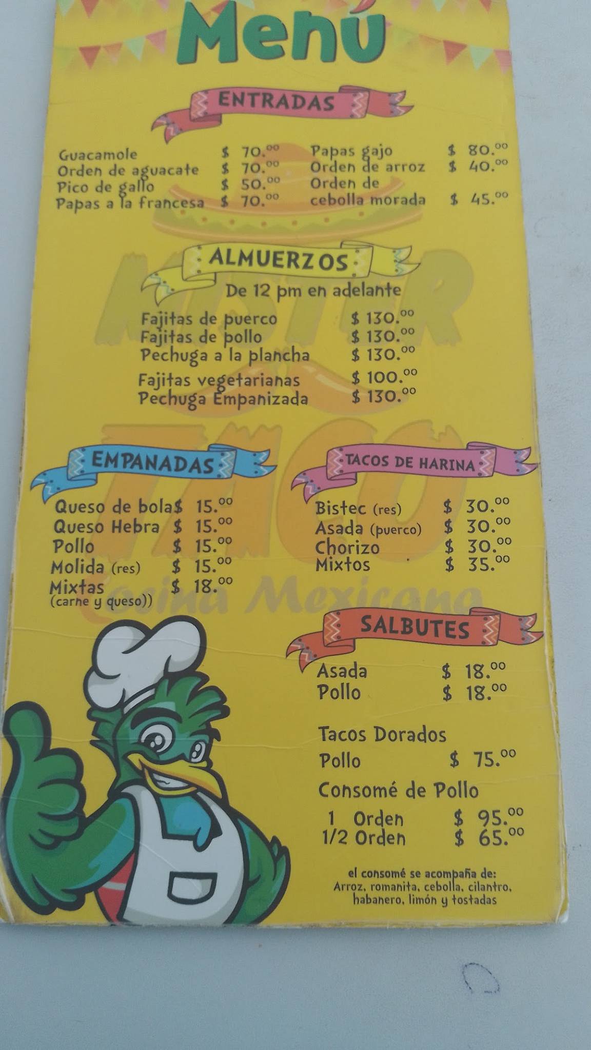 Menu at Mister Taco restaurant, Mahahual