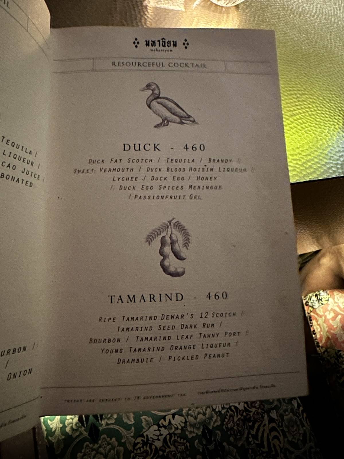 Carta de Mahaniyom Cocktail Bar, Bangkok