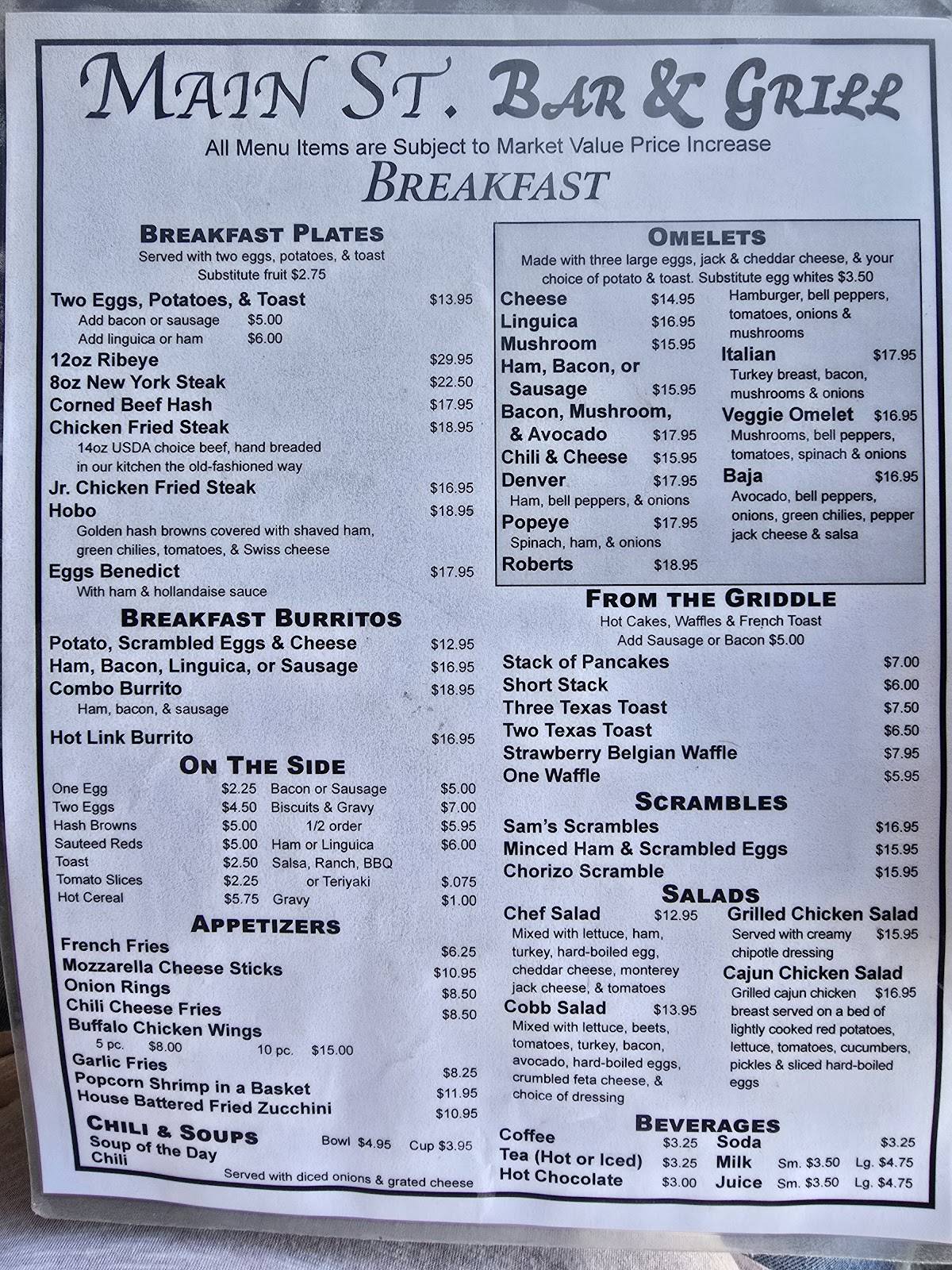 Menu at Main Street Bar & Grill, Clearlake