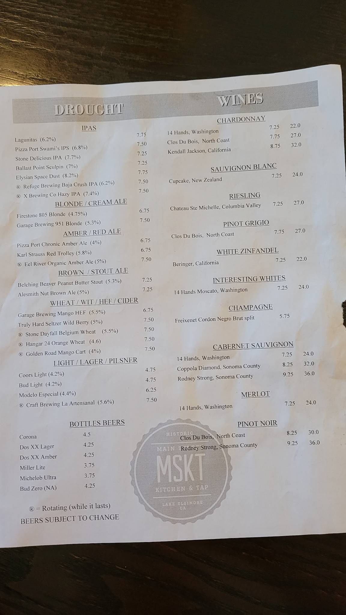 Menu at Main Street Kitchen & Tap pub & bar, Lake Elsinore