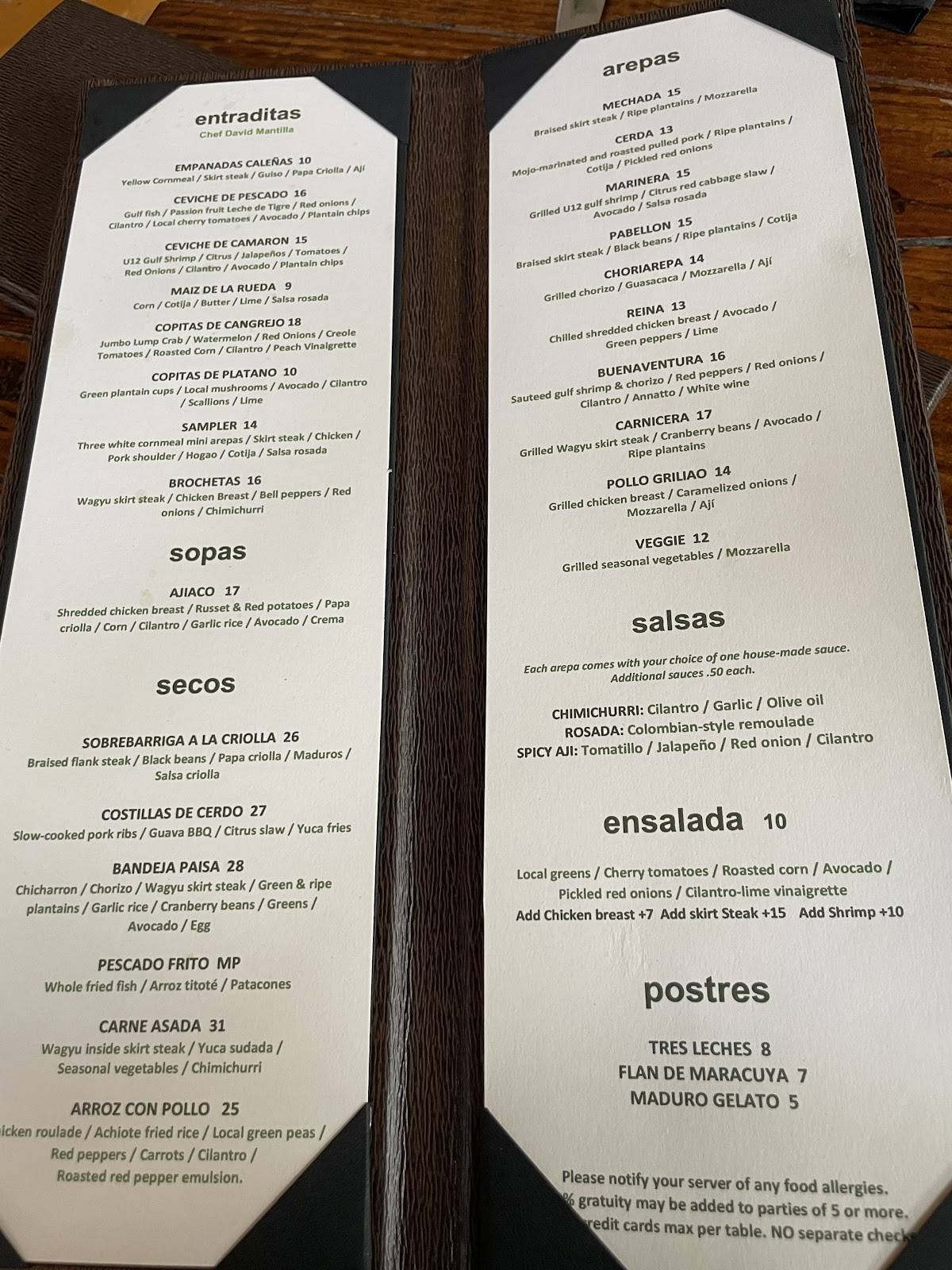 Menu at Maïs Arepas pub & bar, New Orleans