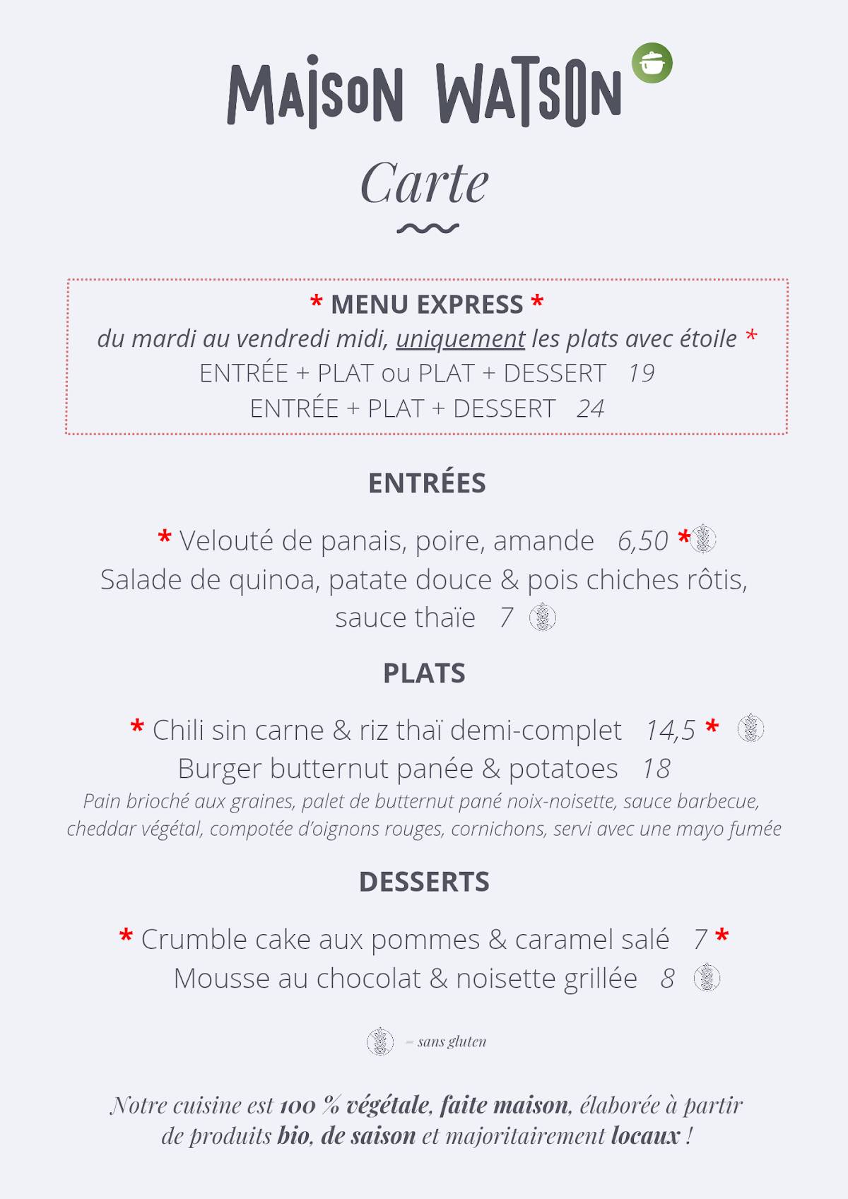 Menu au Maison Watson restaurant, Angers