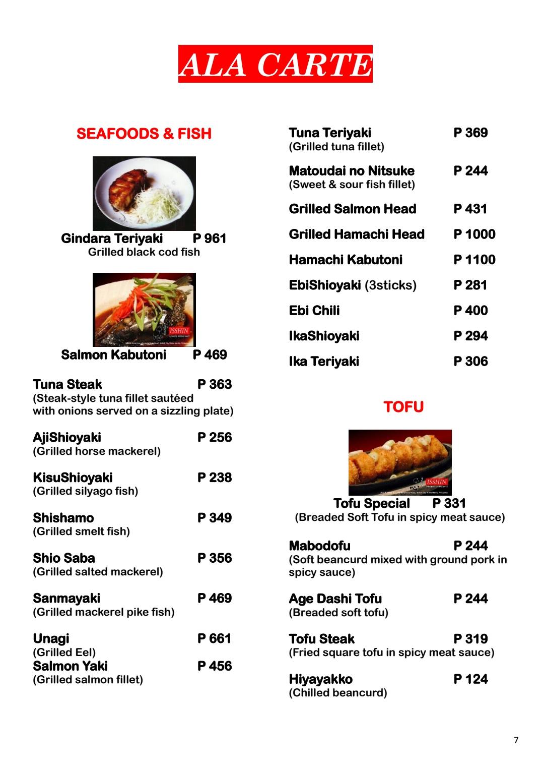 Menu at Isshin restaurant, Makati, Antonio Arnaiz Ave