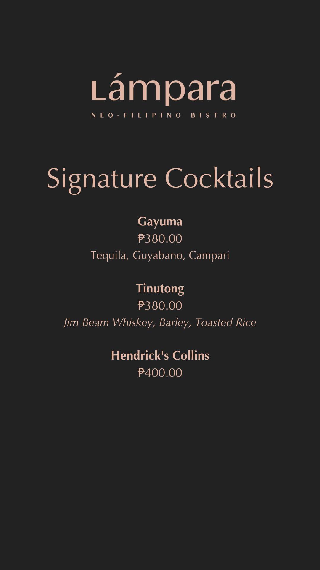 Menu at Lampara restaurant, Makati