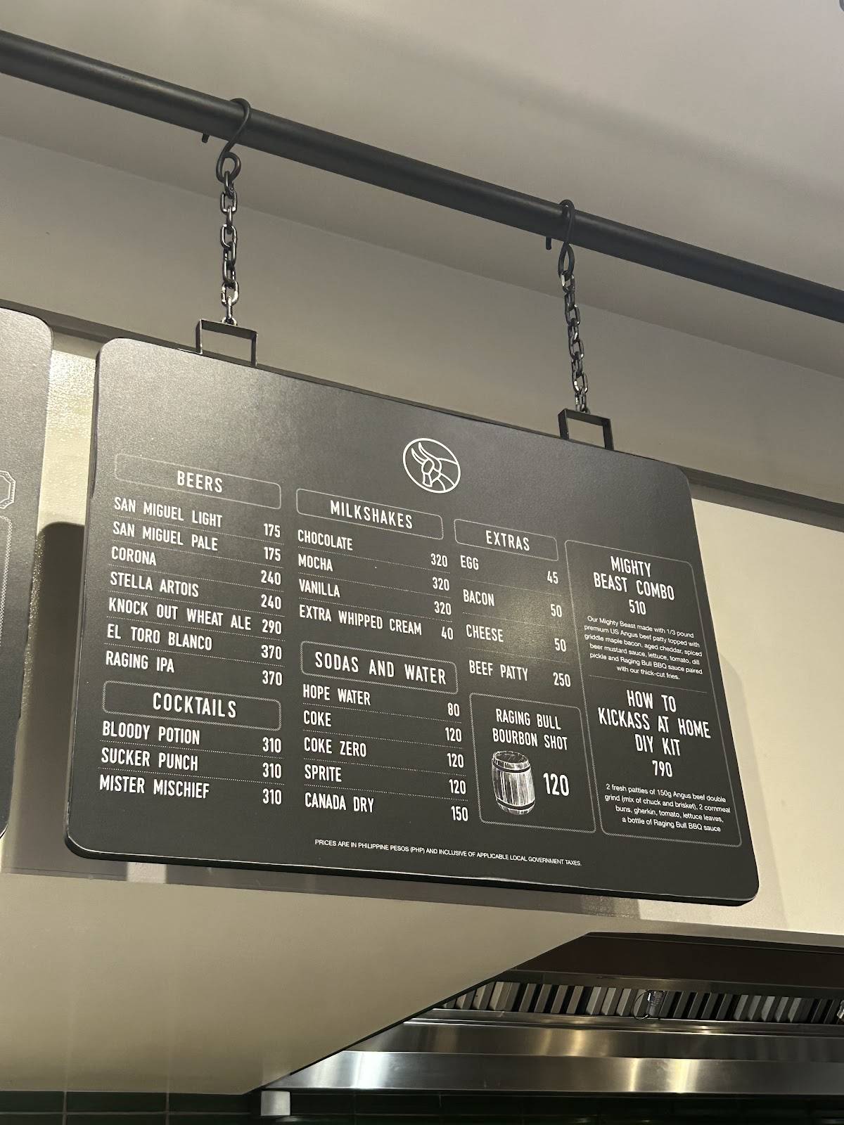 Menu at Raging Bull Burgers restaurant, Makati