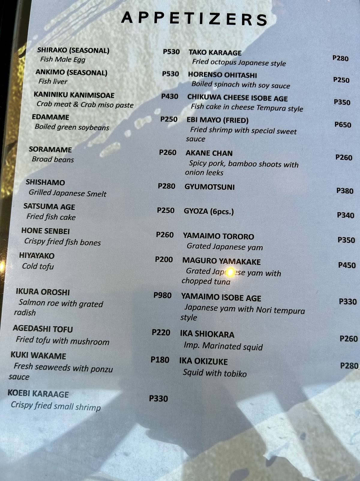 Menu at Tsumura restaurant, Makati