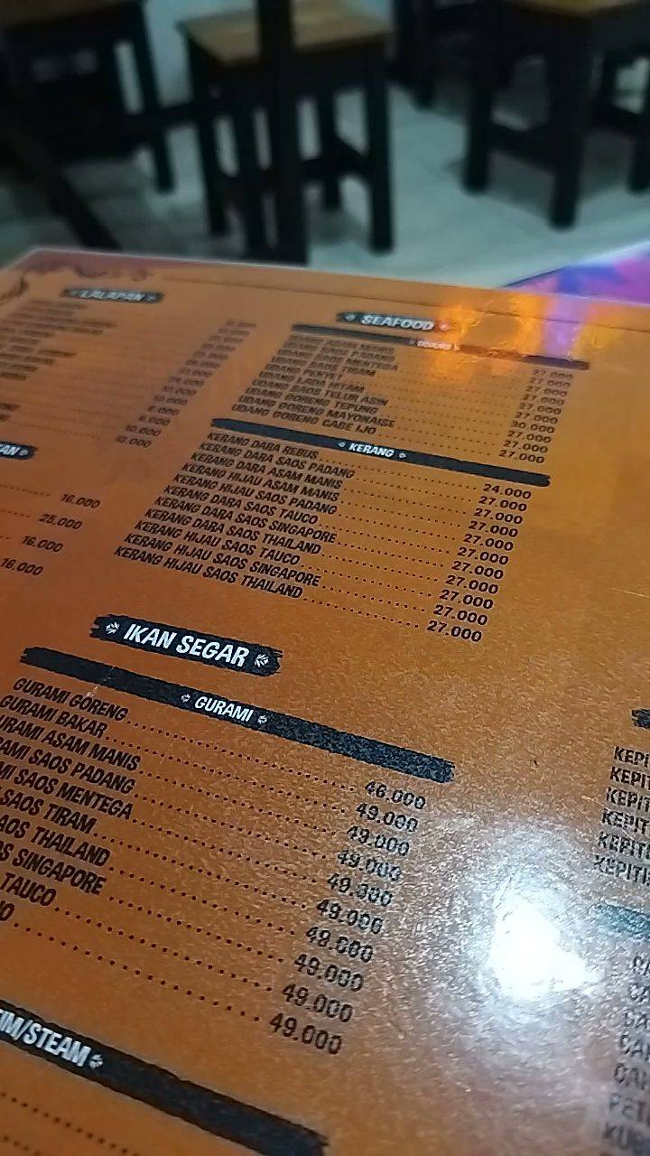 Carta de Cak Der seafood restaurant, Malang