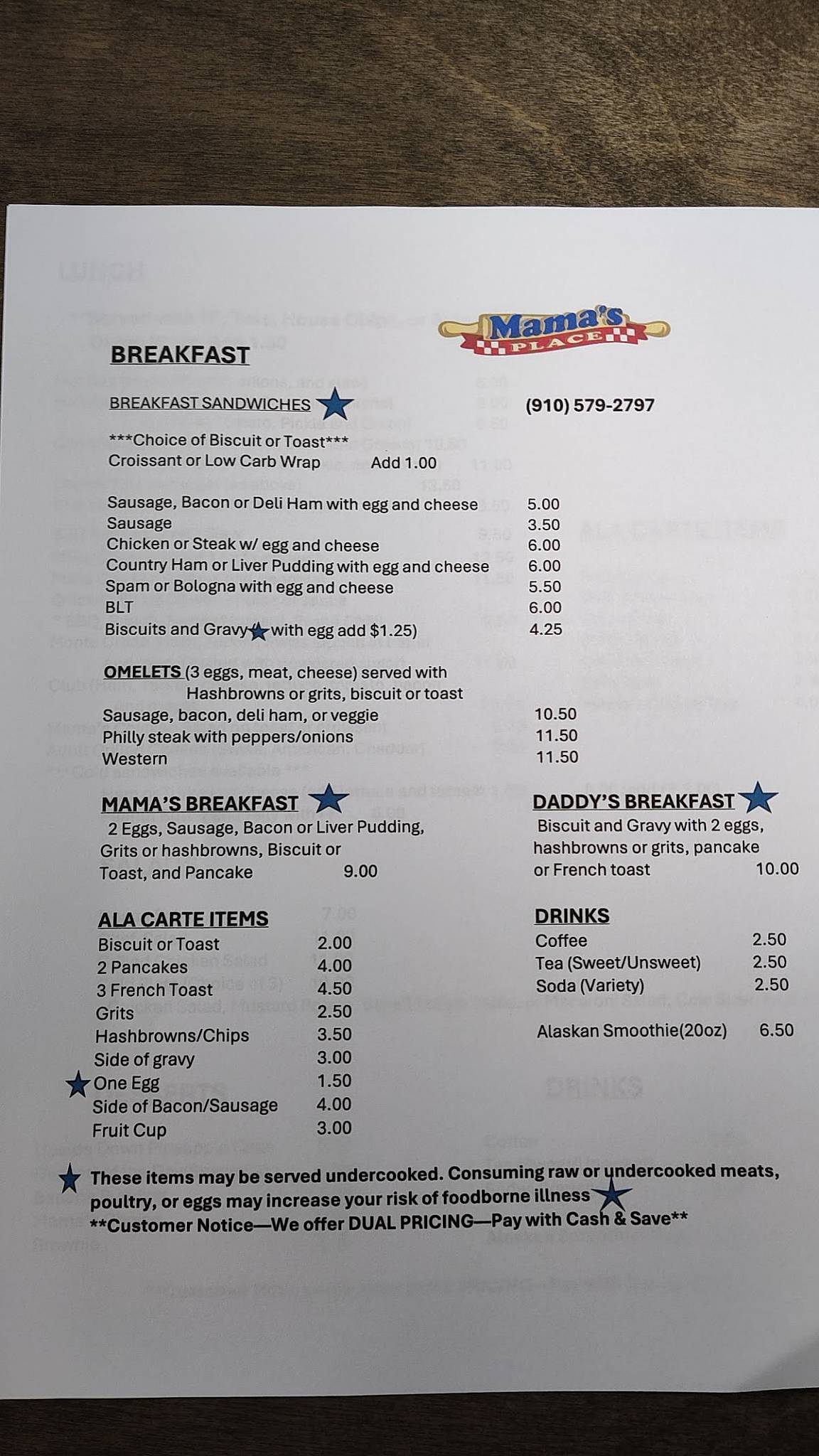 Menu at Mama‘s place restaurant, Calabash