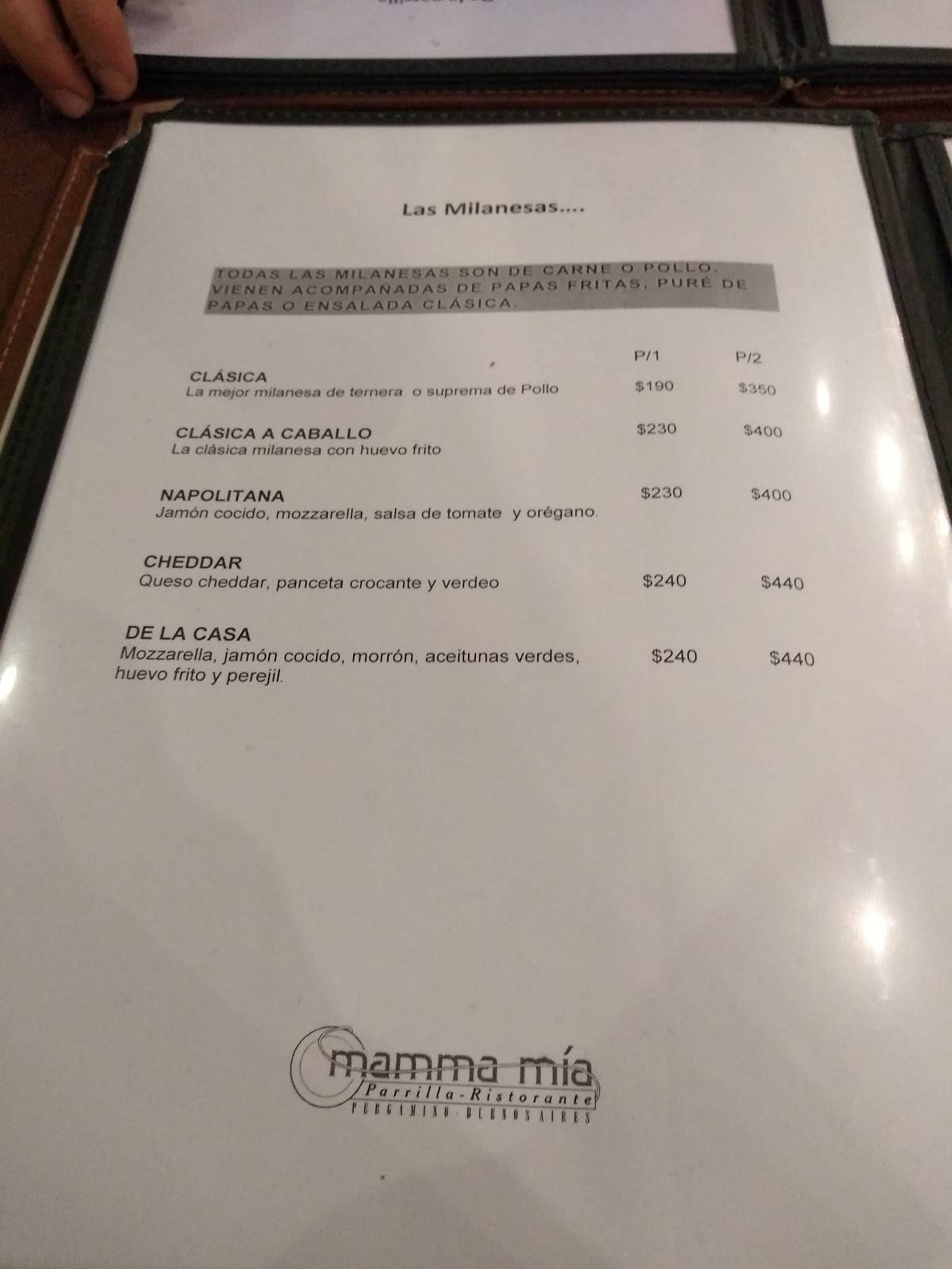 Menu at Mamma Mia restaurant, Pergamino