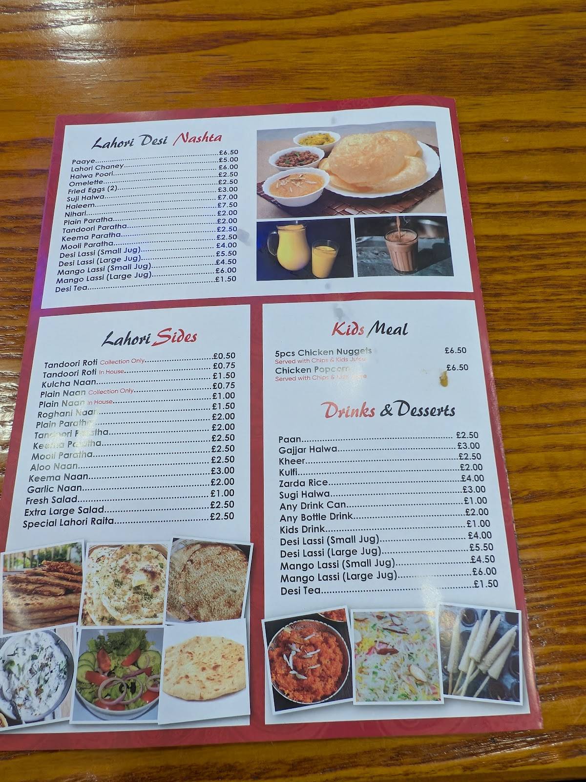 Menu at Lahori Nazara restaurant, Manchester