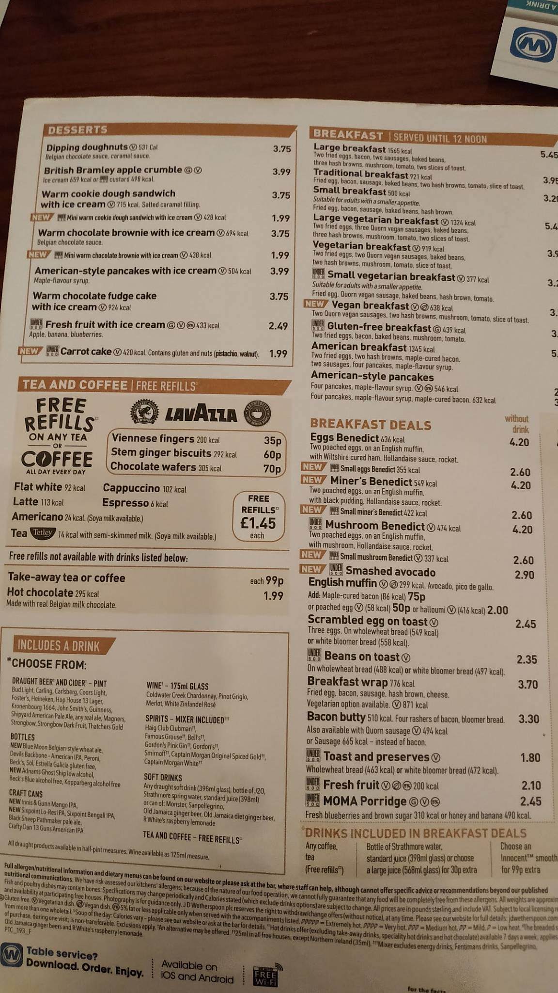 Menu at The Moon Under Water - JD Wetherspoon pub & bar, Manchester