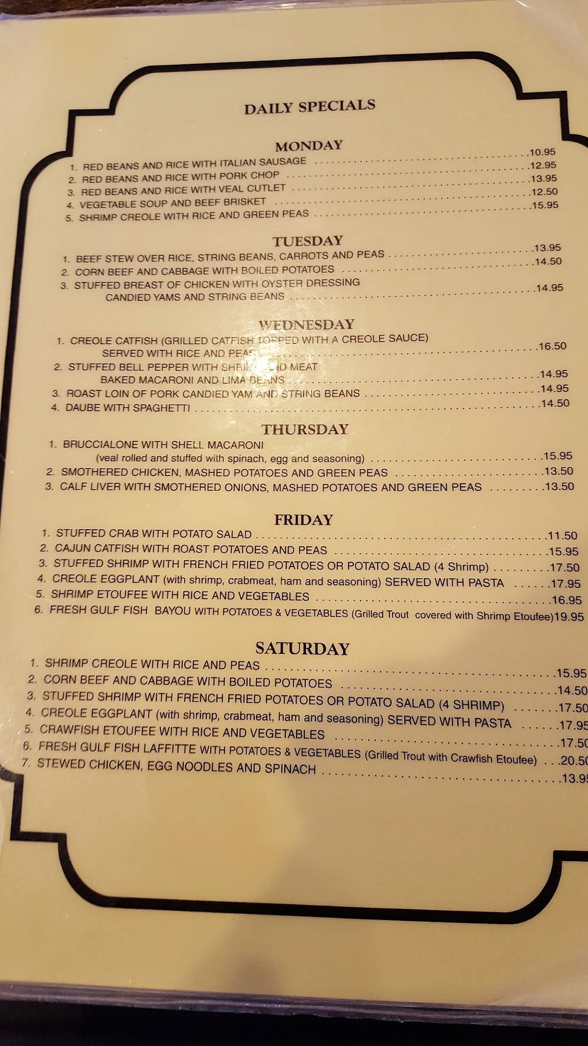 Menu at Mandina's Restaurant, New Orleans