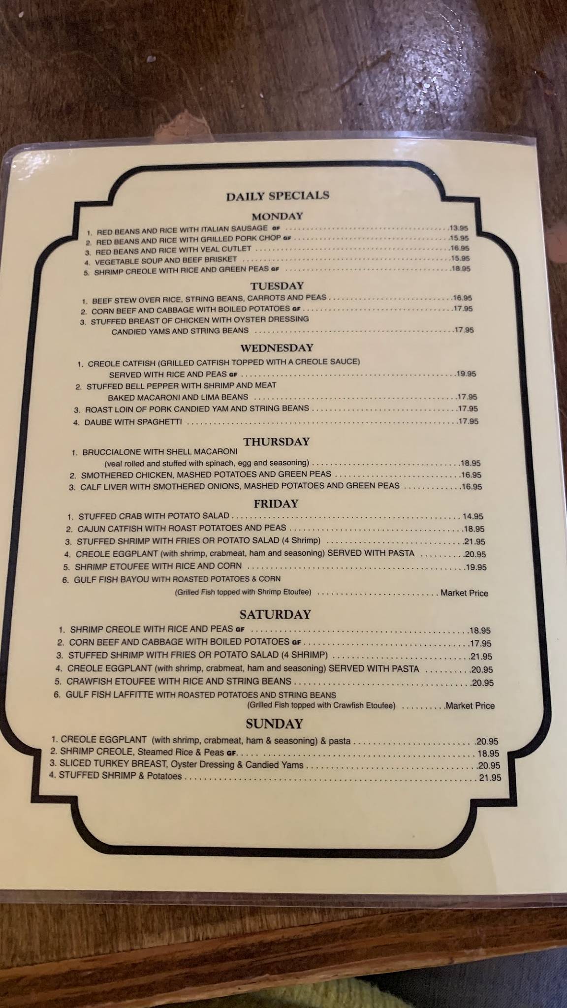 Menu at Mandina's Restaurant, New Orleans