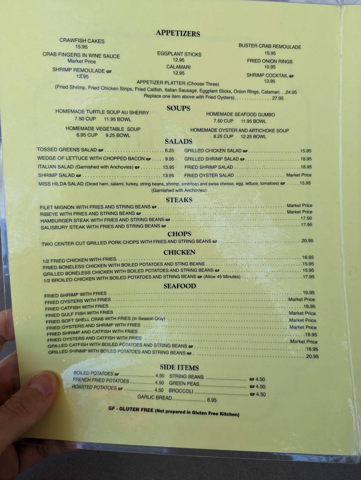 Menu at Mandina's Restaurant, New Orleans