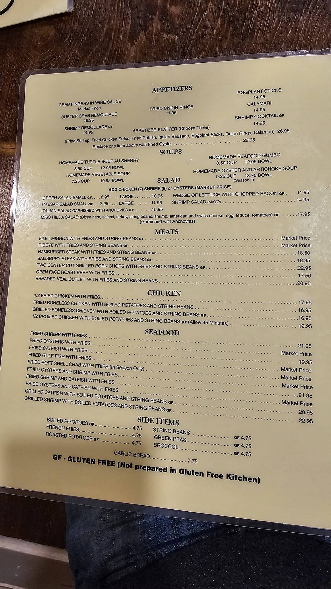Menu at Mandina's Restaurant, New Orleans