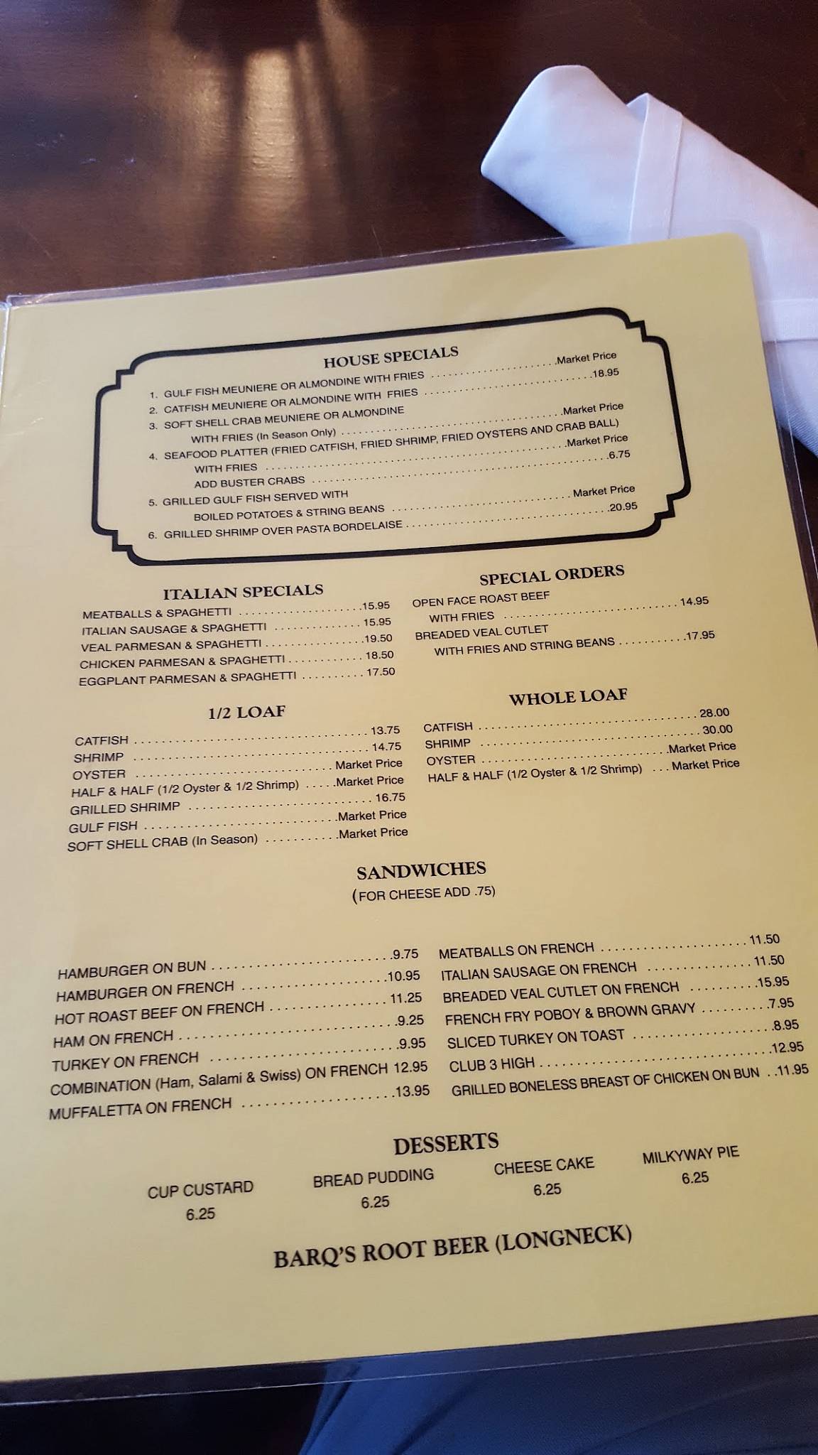 Menu at Mandina's Restaurant, New Orleans