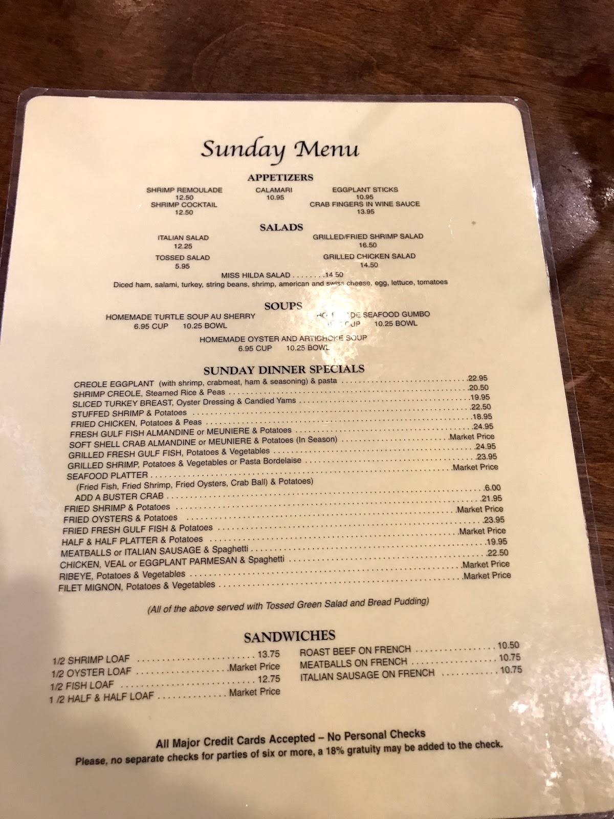 Menu at Mandina's Restaurant, New Orleans