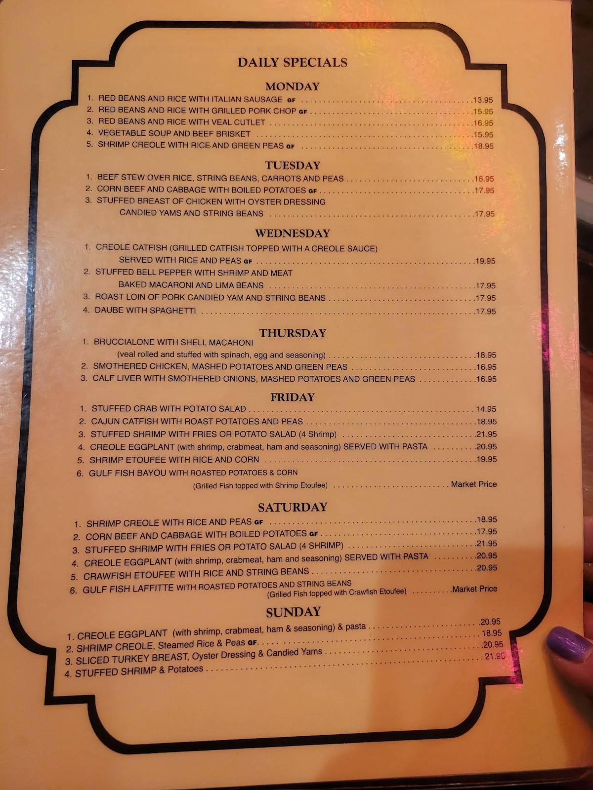 Menu at Mandina's Restaurant, New Orleans