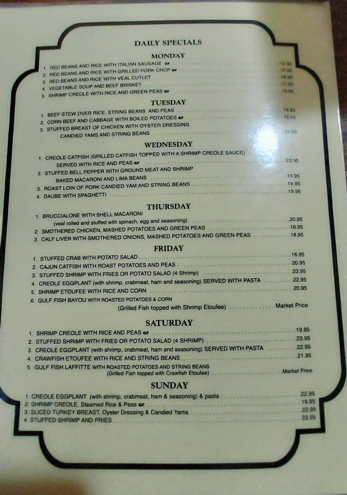 Menu at Mandina's Restaurant, New Orleans