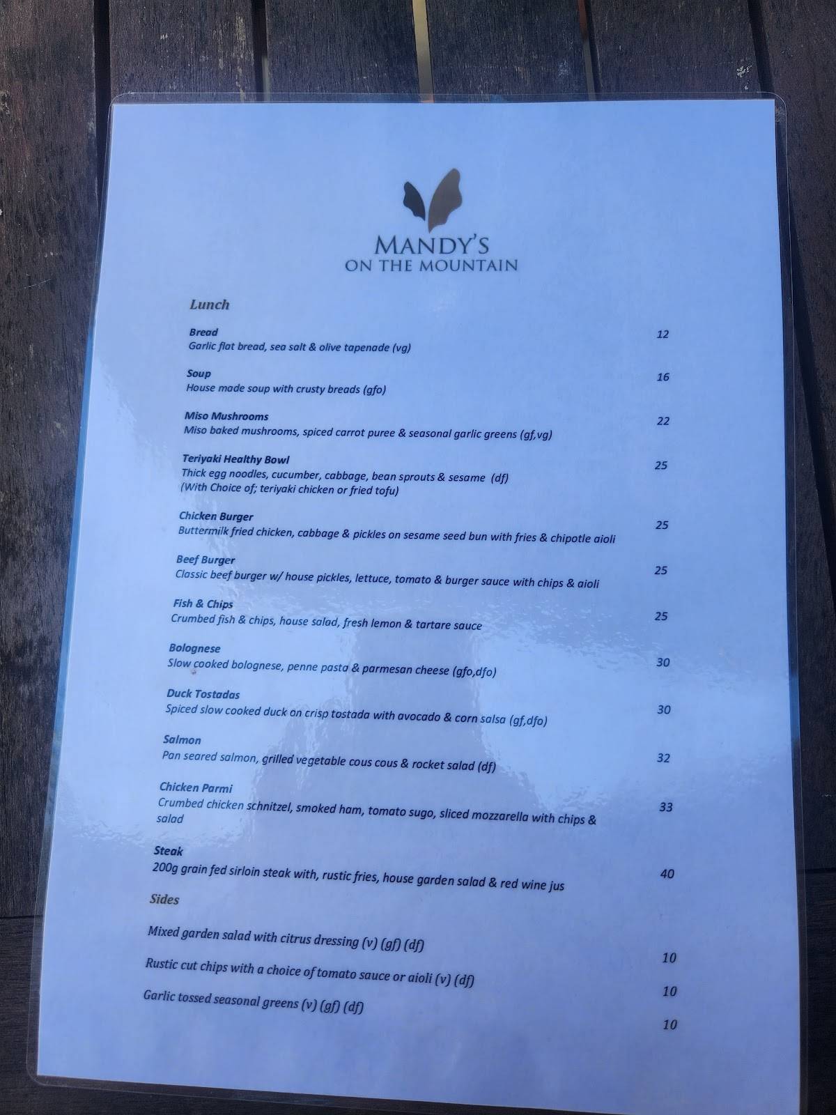 Menu at Mandy's on the Mountain restaurant, Cashmere, 564 Clear Mountain Rd