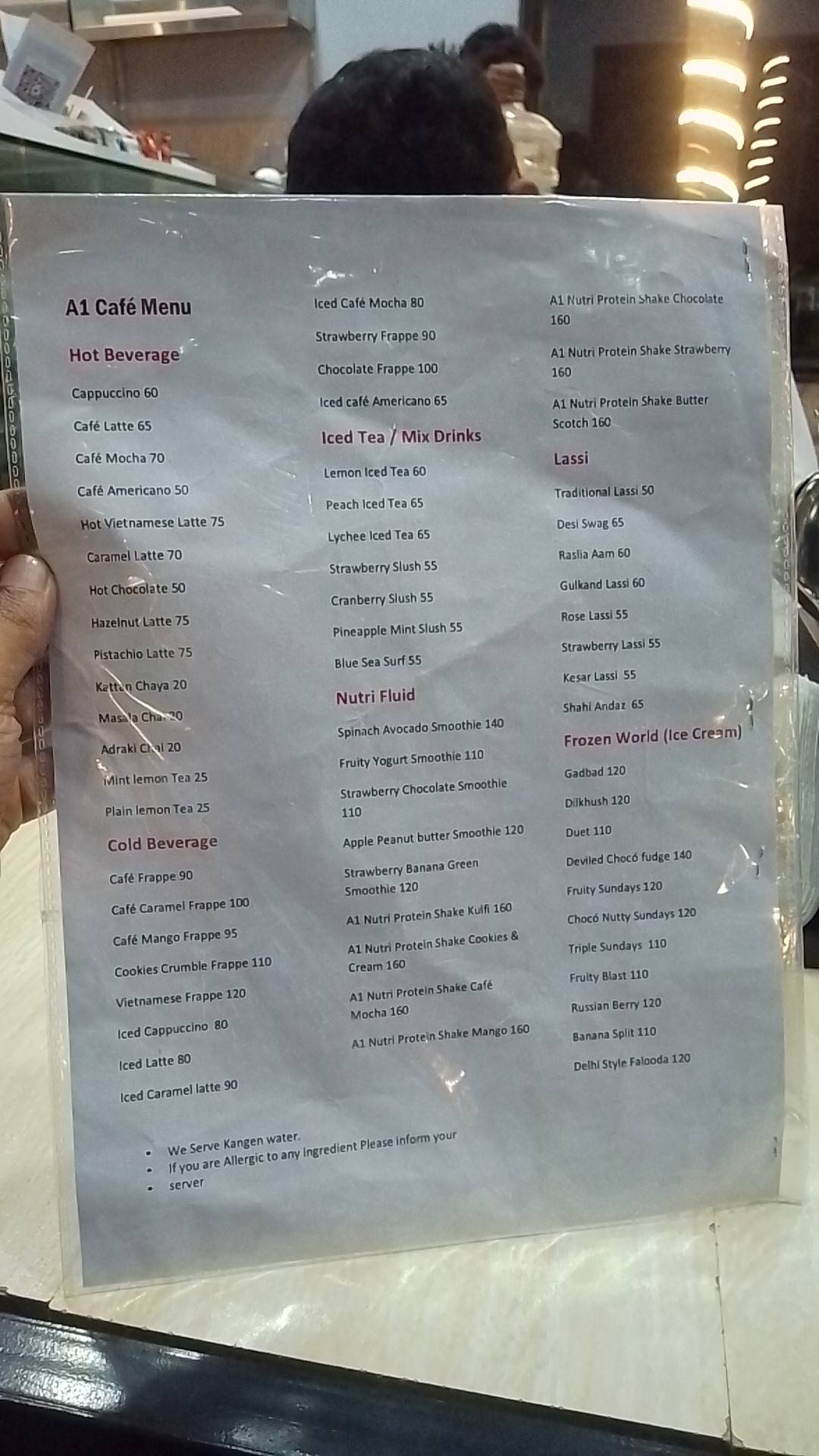 Menu at A1 Cafe, Mangaluru