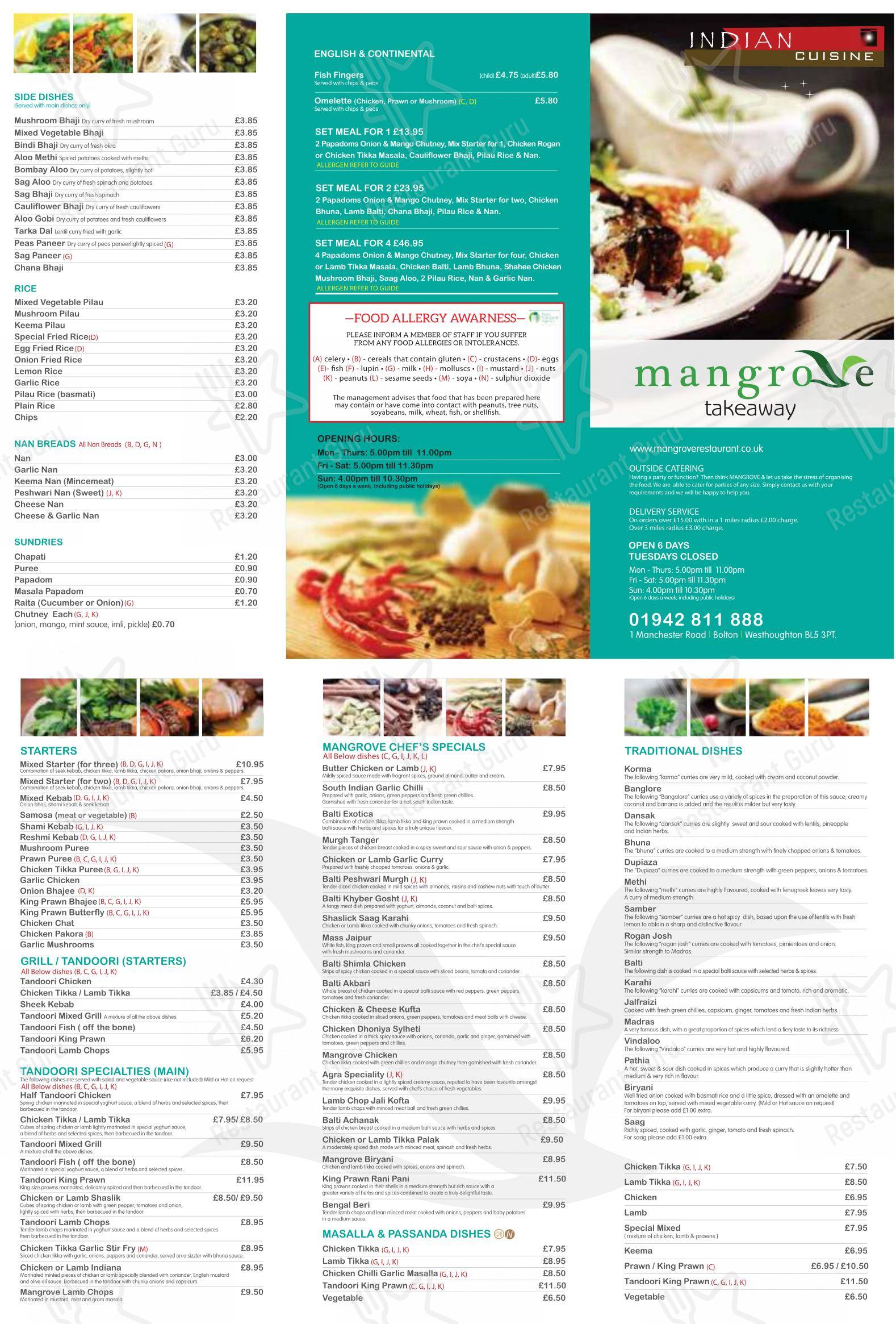 Carta de Mangrove Restaurant & Takeaway, Bolton, 1 Manchester Rd