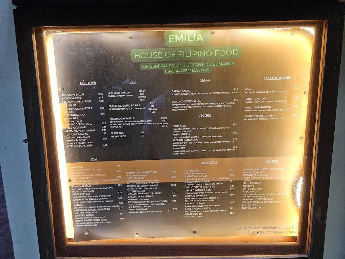 Menu at EMILIA, House of Filipino Food restaurant, Manila