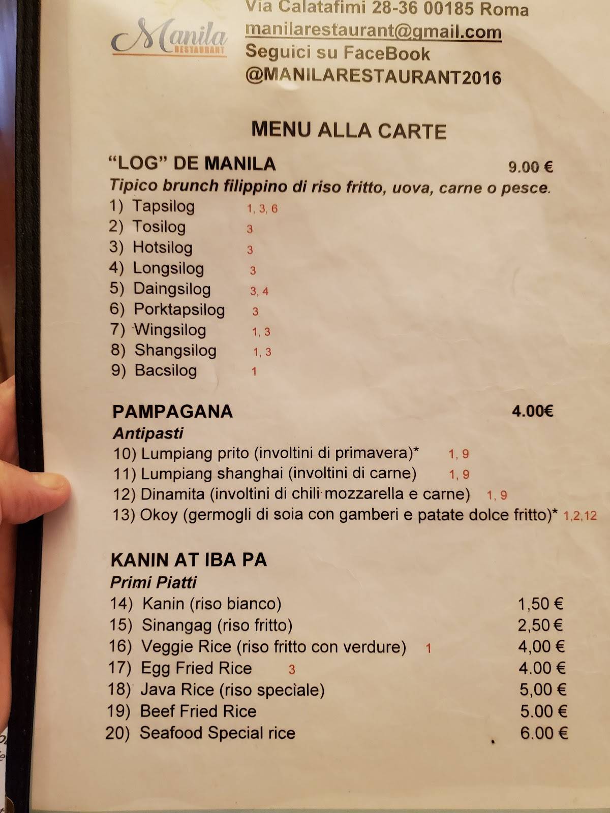 Menu at Manila Restaurant (Filipino Restaurant), Rome