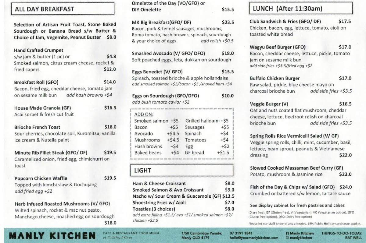Menu at Manly Kitchen cafe, Manly, 50 Cambridge Parade