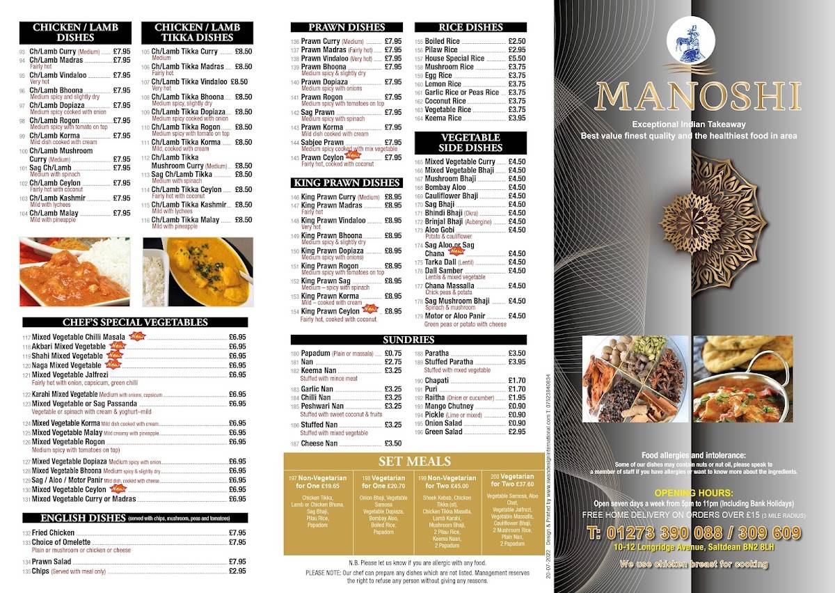 Menu at Manoshi Indian takeaway and restaurant, Brighton