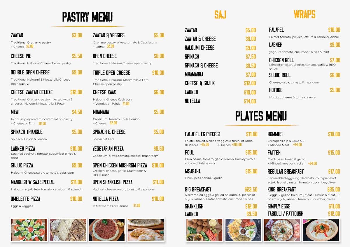 Menu at Manoush w Saj restaurant, Craigieburn