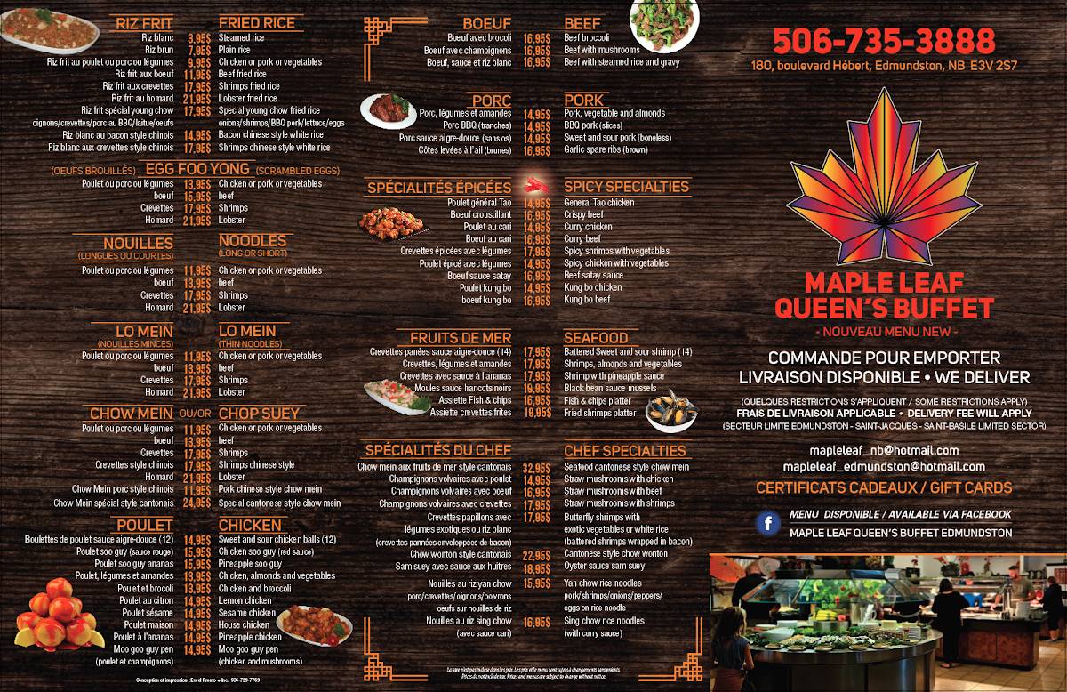 Menu au Maple Leaf Queen's Buffet restaurant, Edmundston