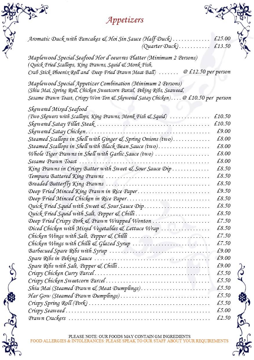 Menu at Maplewood Restaurant, Widnes, Warrington Rd