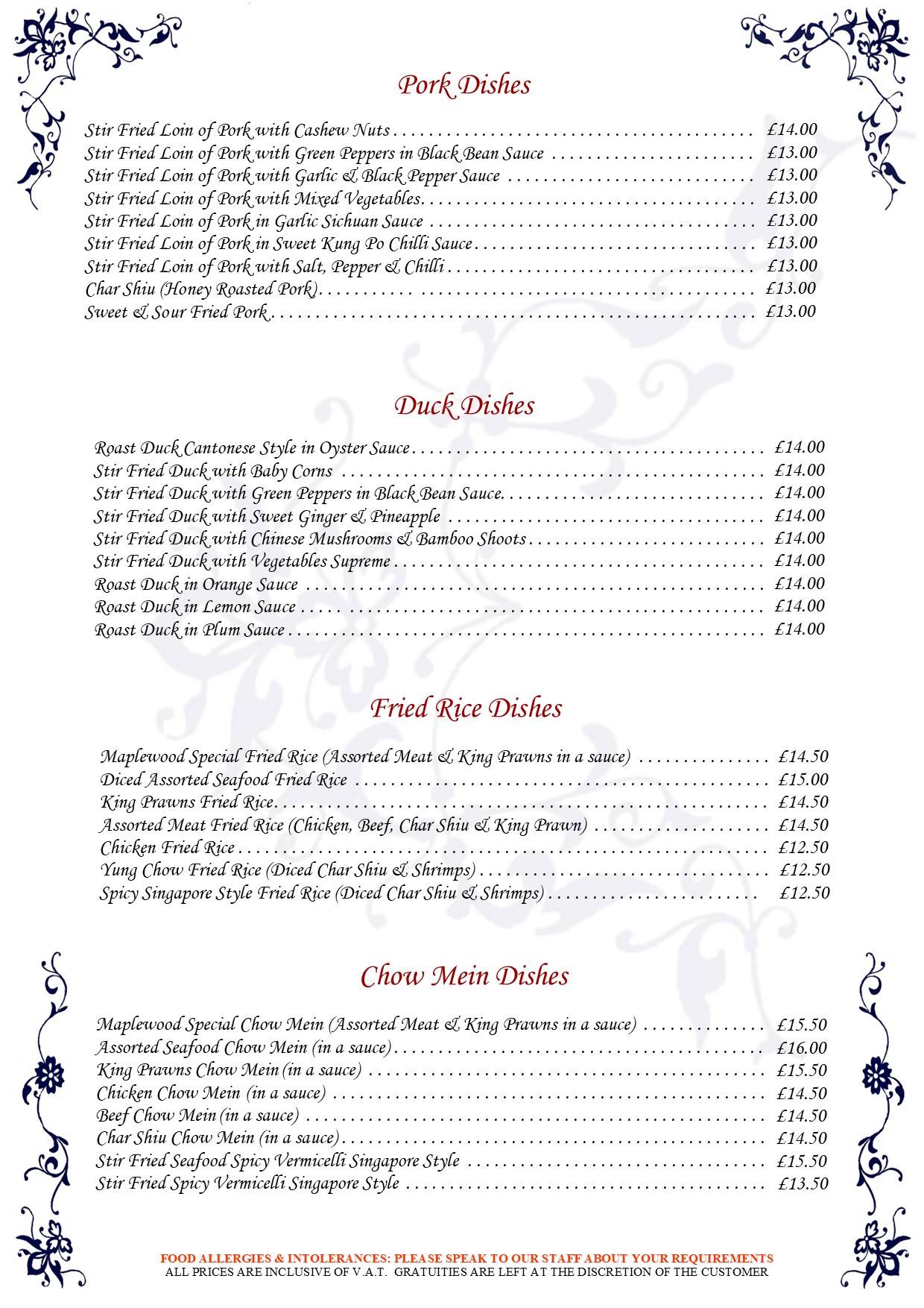 Menu at Maplewood Restaurant, Widnes, Warrington Rd