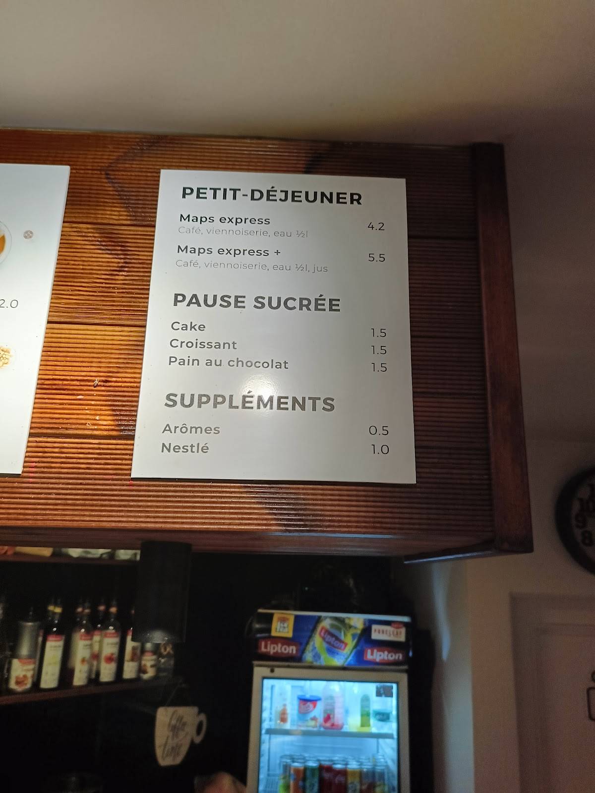 Menu au Maps coffeeshop café, Rades