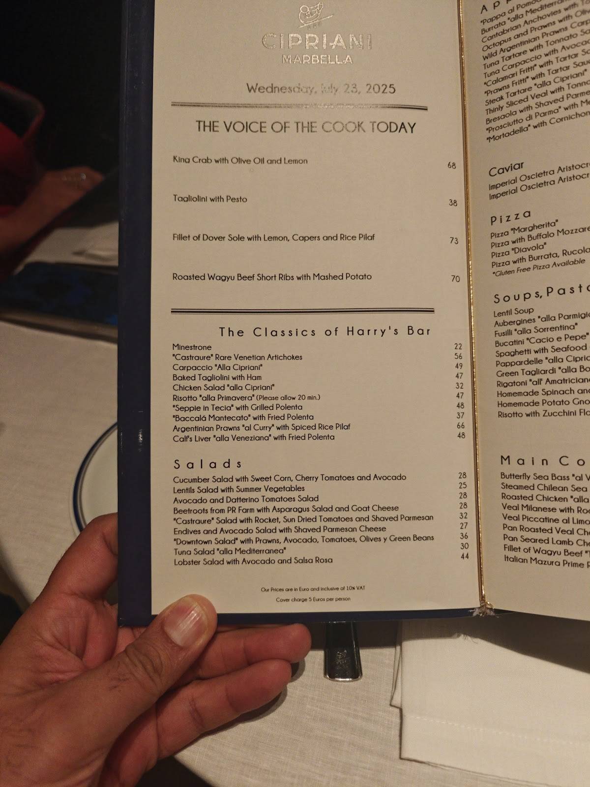Menu at Cipriani Marbella restaurant, Marbella