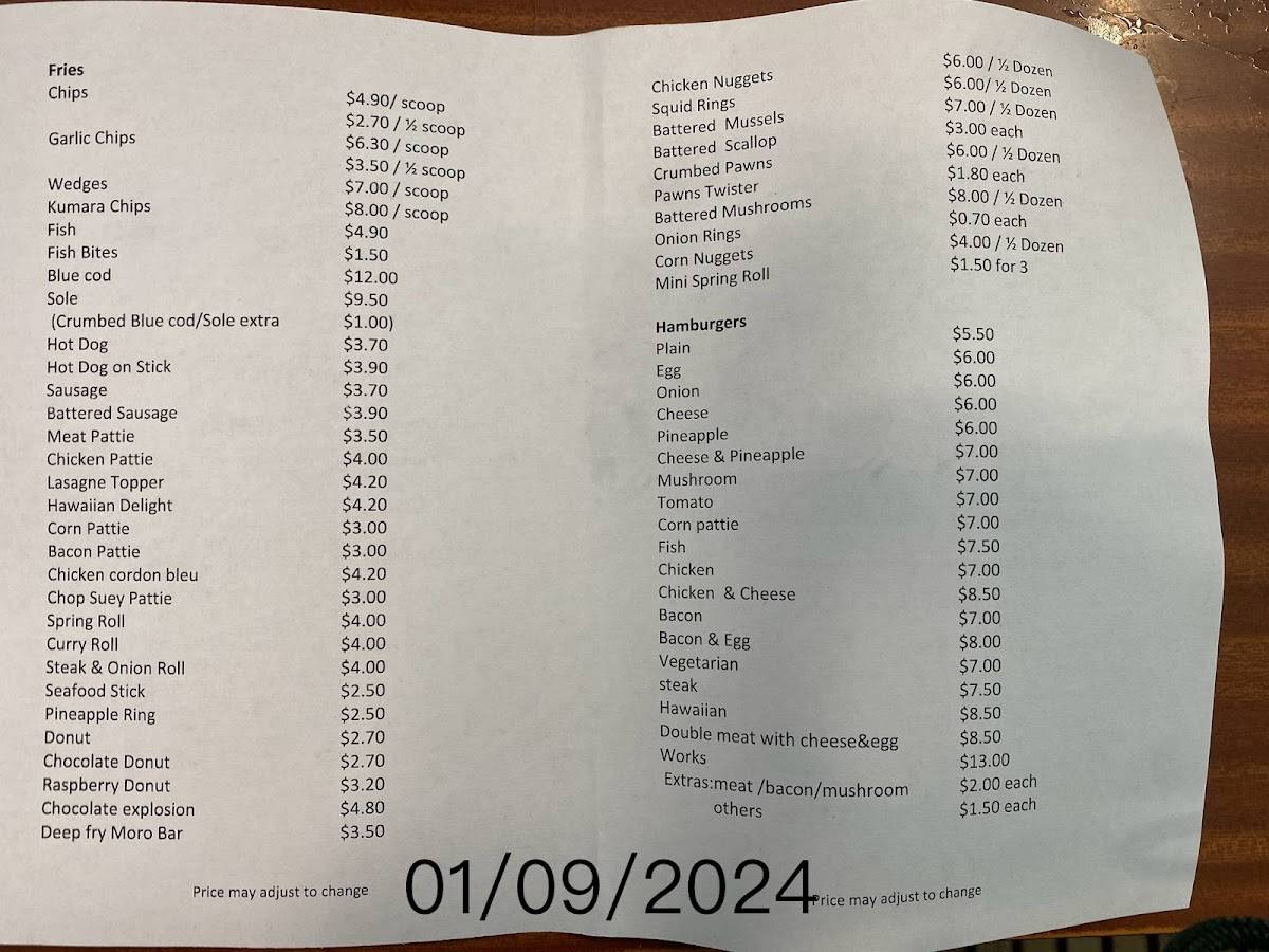 Menu at Marchwiel Takeaways fast food, Timaru