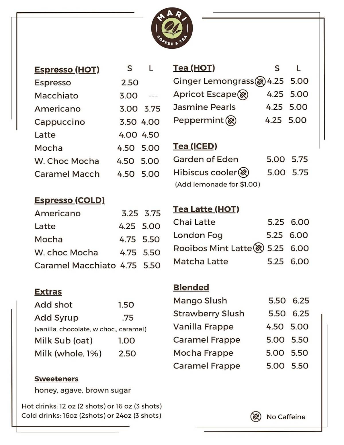 Menu at Mari Coffee and Tea, Tulsa