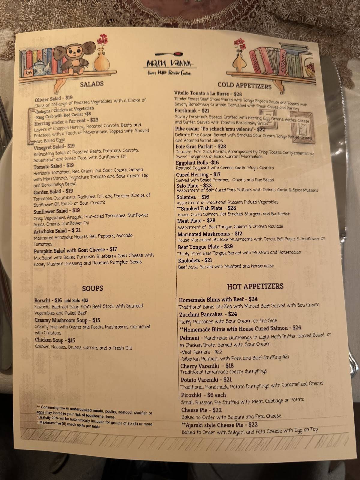 Menu at Mari Vanna restaurant, New York City, 41 E 20th St