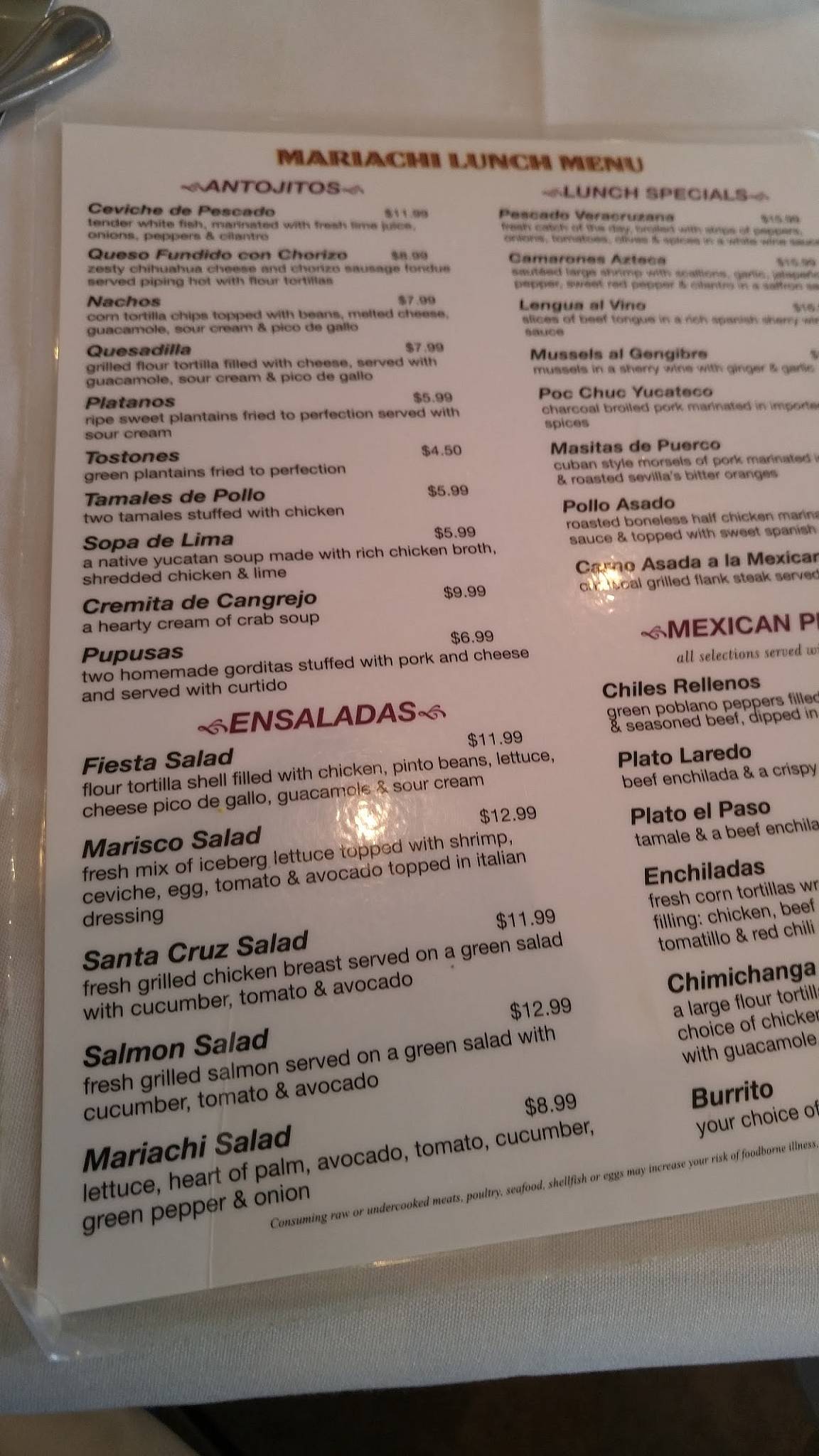 Menu at Mariachi Restaurant, Rehoboth Beach