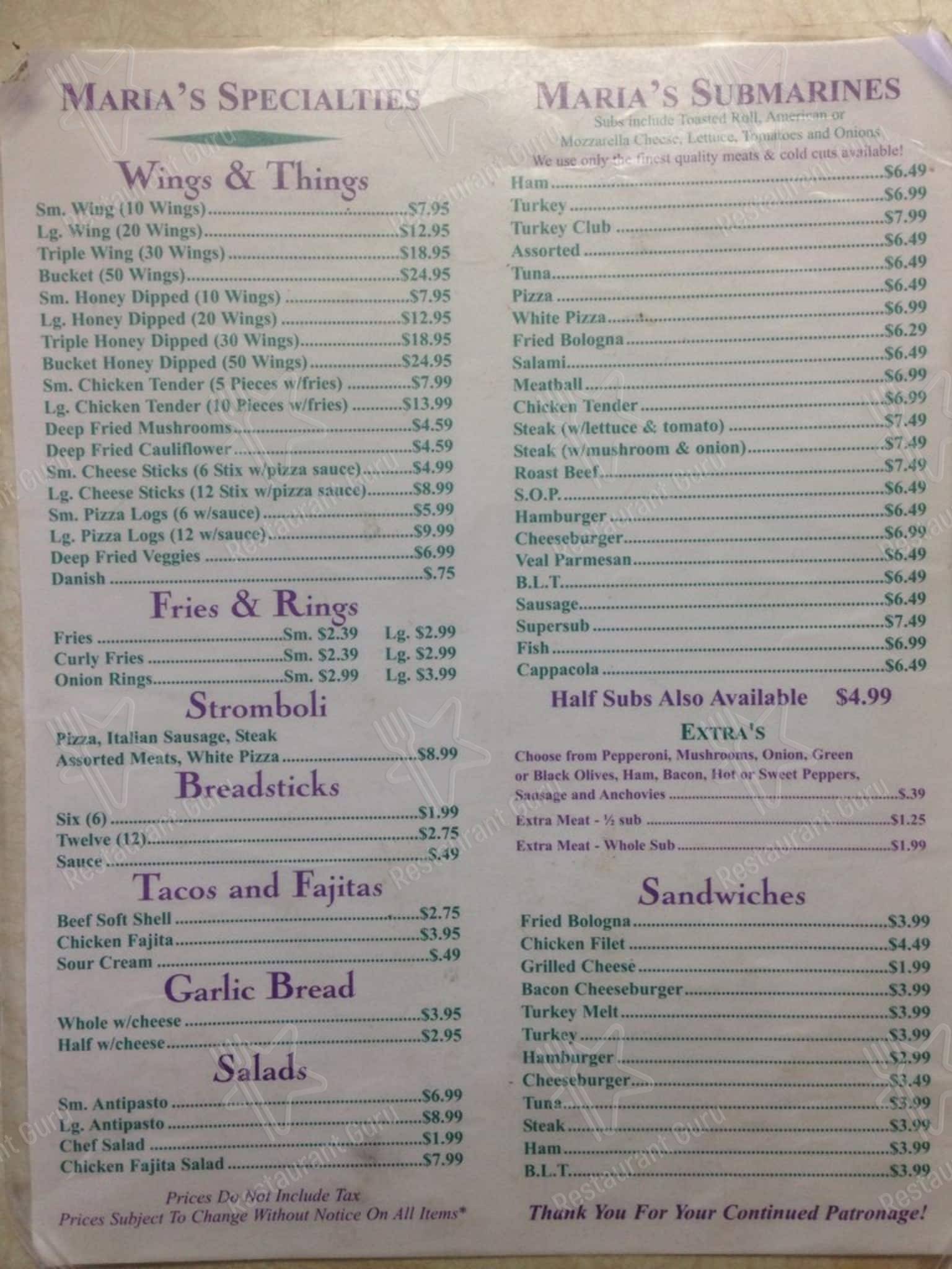 Menu at Maria's Pizza pizzeria, Angola
